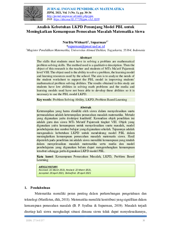 (PDF) Analisis Kebutuhan LKPD Penunjang Model PBL untuk Meningkatkan Kemampuan Pemecahan Masalah ...
