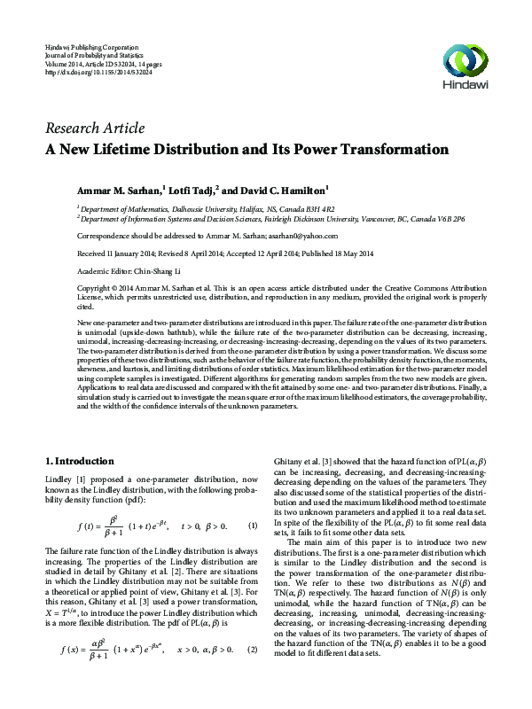 (PDF) A New Lifetime Distribution and Its Power Transformation