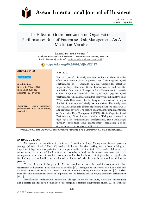 (PDF) The Effect of Green Innovation on Organizational Performance: Role of Enterprise Risk ...