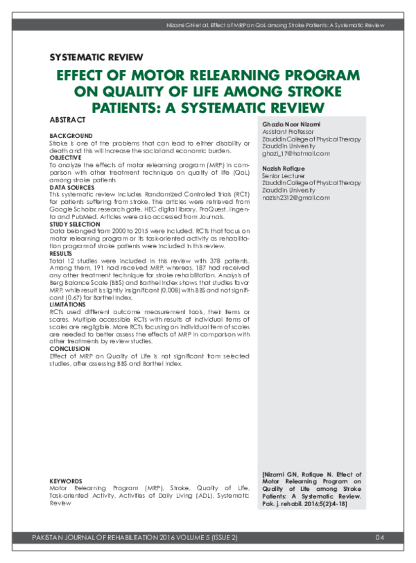 (PDF) Effect of Motor Relearning Program on Quality of Life Among Stroke Patients: A Systematic ...