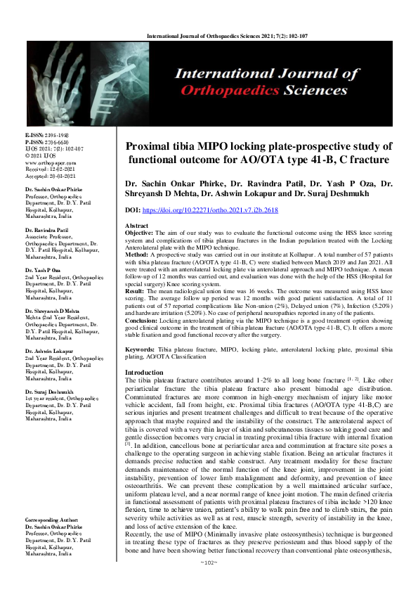 (PDF) Proximal tibia MIPO locking plate-prospective study of functional outcome for AO/OTA type ...
