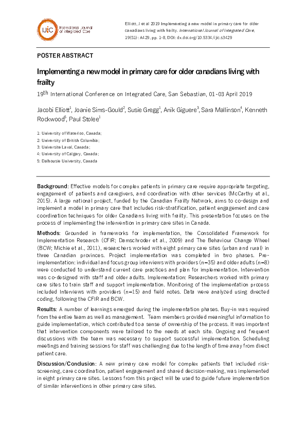 (PDF) Implementing a new model in primary care for older canadians ...