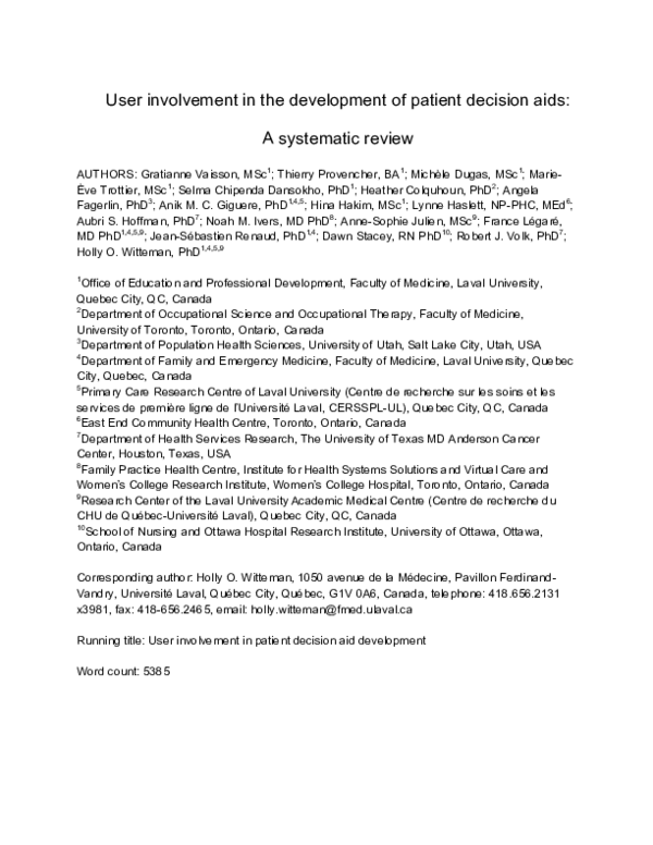 (PDF) User involvement in the development of patient decision aids: A ...