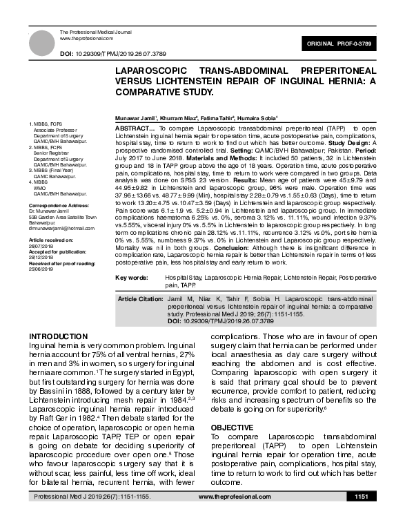 (PDF) TAPP vs Lichtenstein Hernia Repair Outcomes