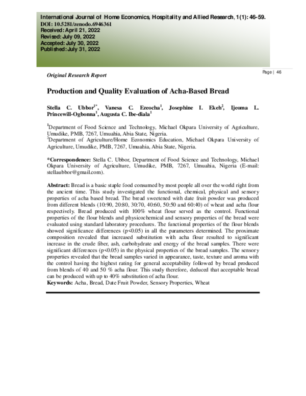 (PDF) Production and Quality Evaluation of Acha-Based Bread