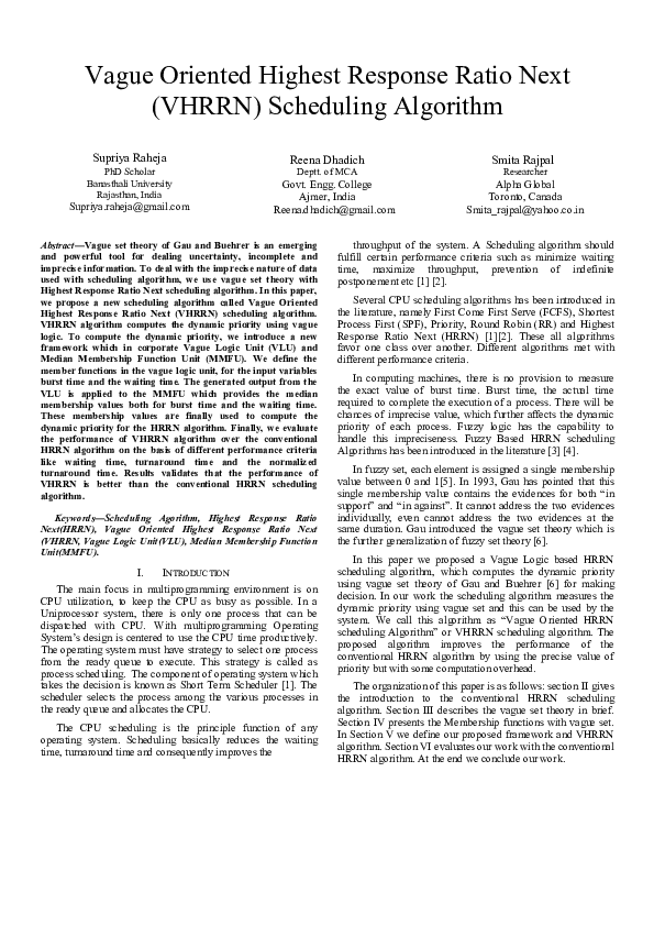 Pdf Vague Oriented Highest Response Ratio Next Vhrrn Scheduling Algorithm Supriya Raheja 