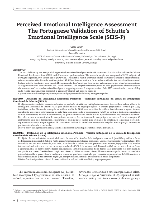 (PDF) Perceived Emotional Intelligence Assessment – The Portuguese Validation of Schutte’s ...