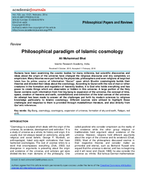 (PDF) Philosophical paradigm of Islamic cosmology | Ali Mohammad Bhat ...