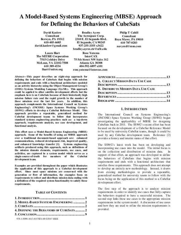 (PDF) A Model-Based Systems Engineering (MBSE) approach for defining the behaviors of CubeSats