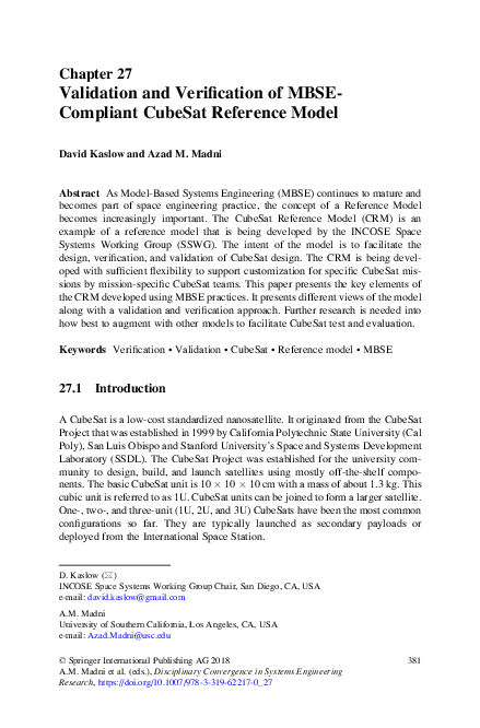 (PDF) Validation and Verification of MBSE-Compliant CubeSat Reference Model