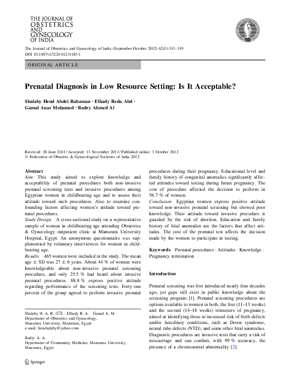 (PDF) Prenatal Diagnosis in Low Resource Setting: Is It Acceptable?