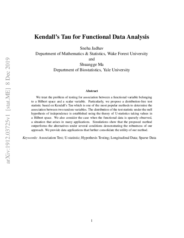 (PDF) Kendall's Tau for Functional Data Analysis