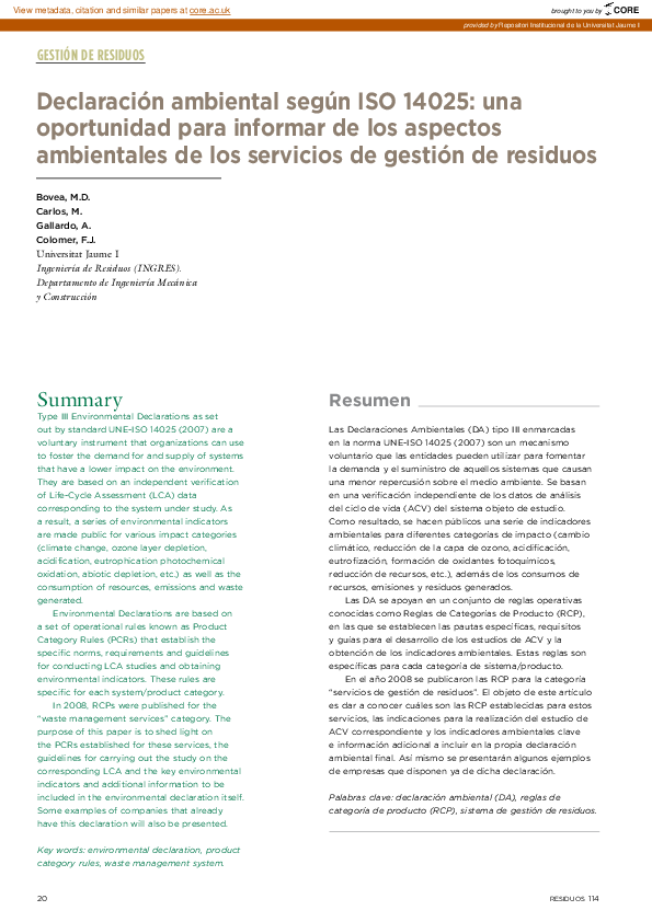 (PDF) Declaración ambiental según ISO 14025: una oportunidad para ...