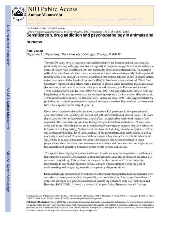 (PDF) Sensitization, drug addiction and psychopathology in animals and ...