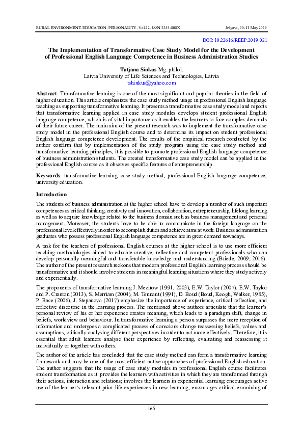 The Implementation of Transformative Case Study Model for the ...