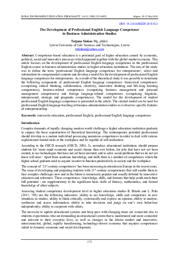 (PDF) The Development of Professional English Language Competence in ...
