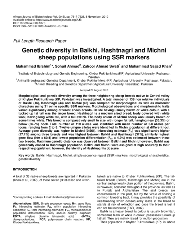 (PDF) Genetic diversity in Balkhi, Hashtnagri and Michni sheep populations using SSR markers ...
