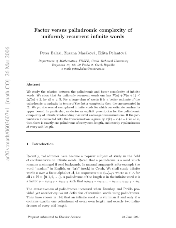 (PDF) Factor versus palindromic complexity of uniformly recurrent infinite words