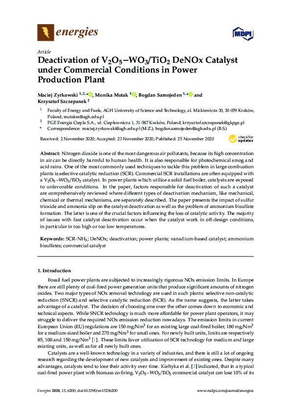 (PDF) Deactivation of V2O5−WO3/TiO2 DeNOx Catalyst under Commercial Conditions in Power ...