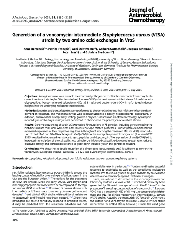 Pdf Generation Of A Vancomycin Intermediate Staphylococcus Aureus Visa Strain By Two Amino