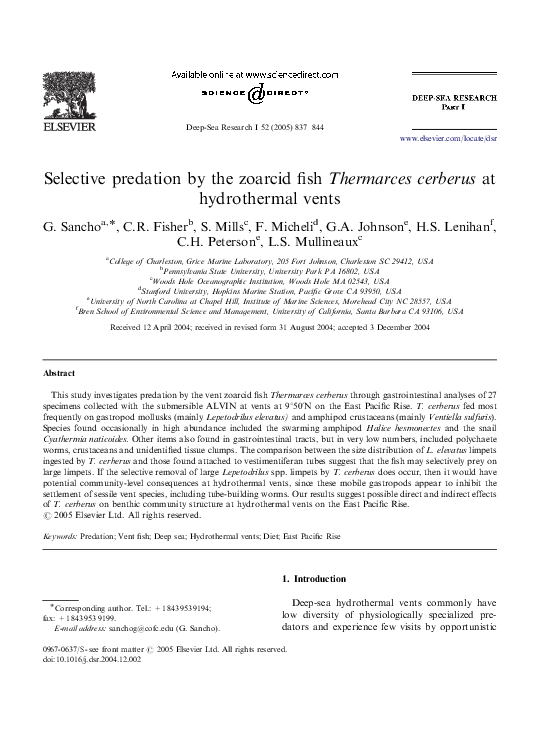 (PDF) Selective predation by the zoarcid fish Thermarces cerberus at ...