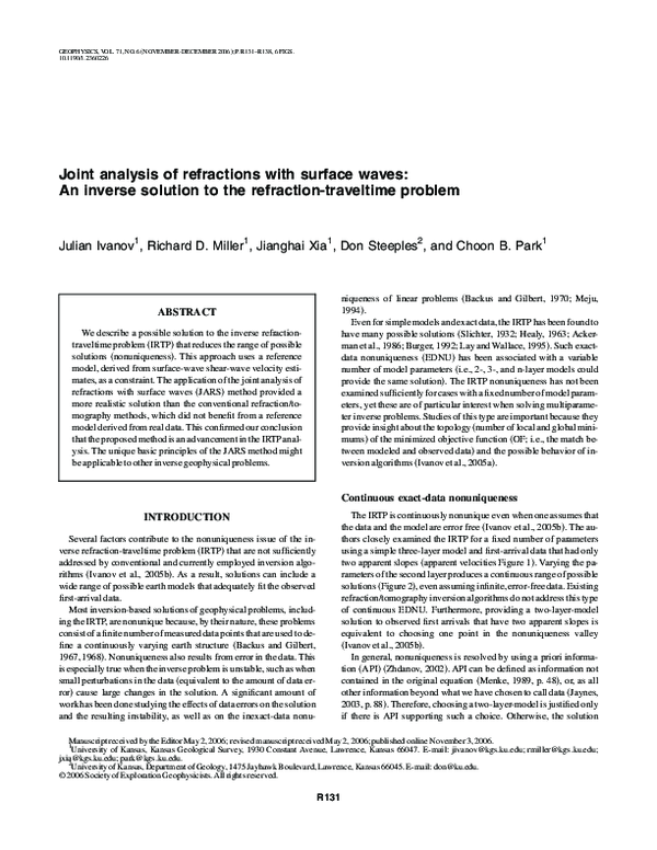 (PDF) Joint analysis of refractions with surface waves: An inverse solution to the refraction ...