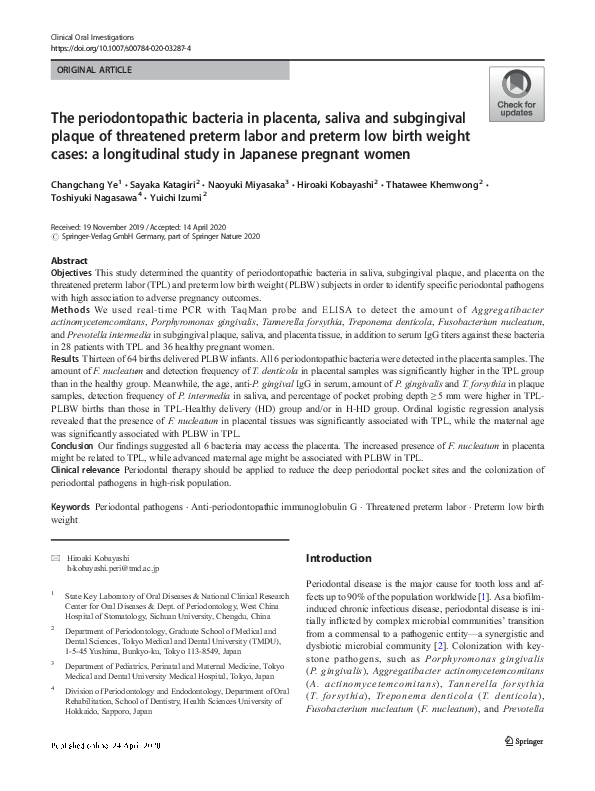 (PDF) Periodontopathic Bacteria and Preterm Outcomes