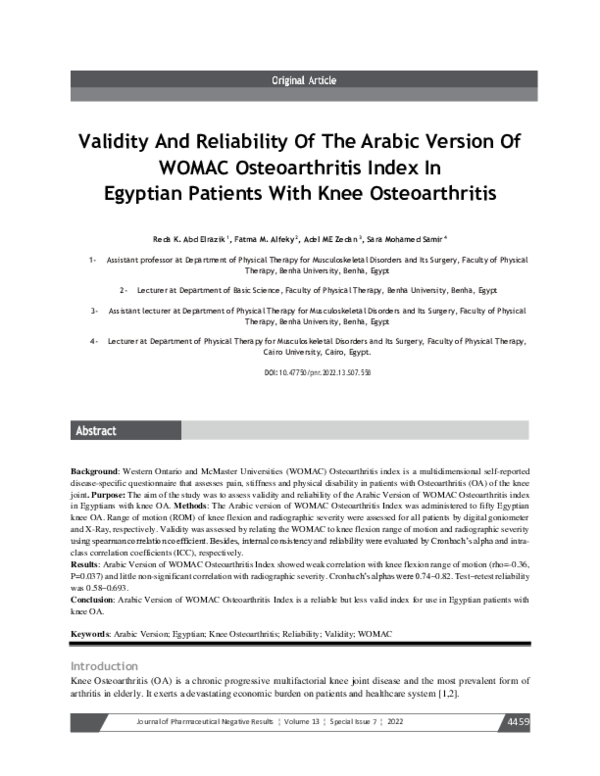 (PDF) Validity And Reliability Of The Arabic Version Of WOMAC Osteoarthritis Index In Egyptian ...