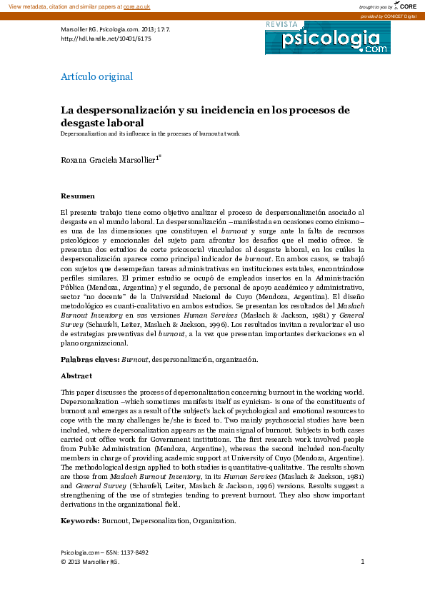 (PDF) Depersonalization and its influence in the processes of burnout ...