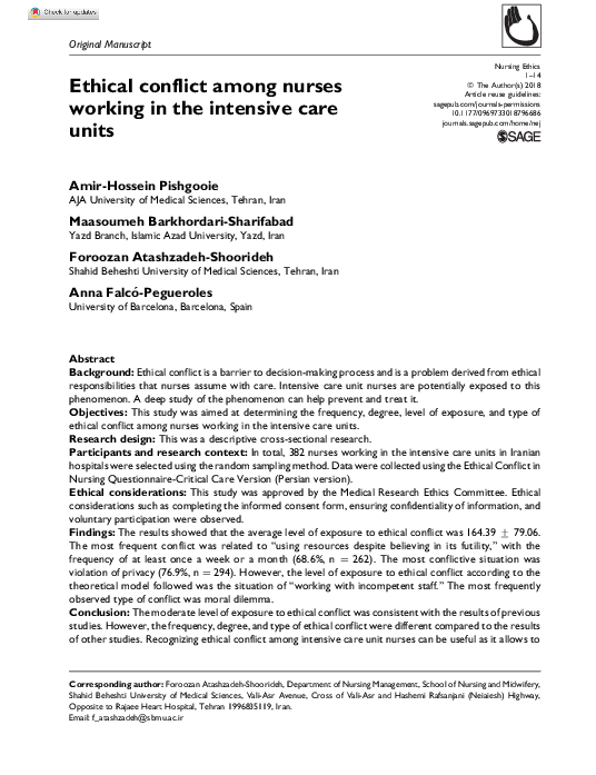 (PDF) Ethical conflict among nurses working in the intensive care units
