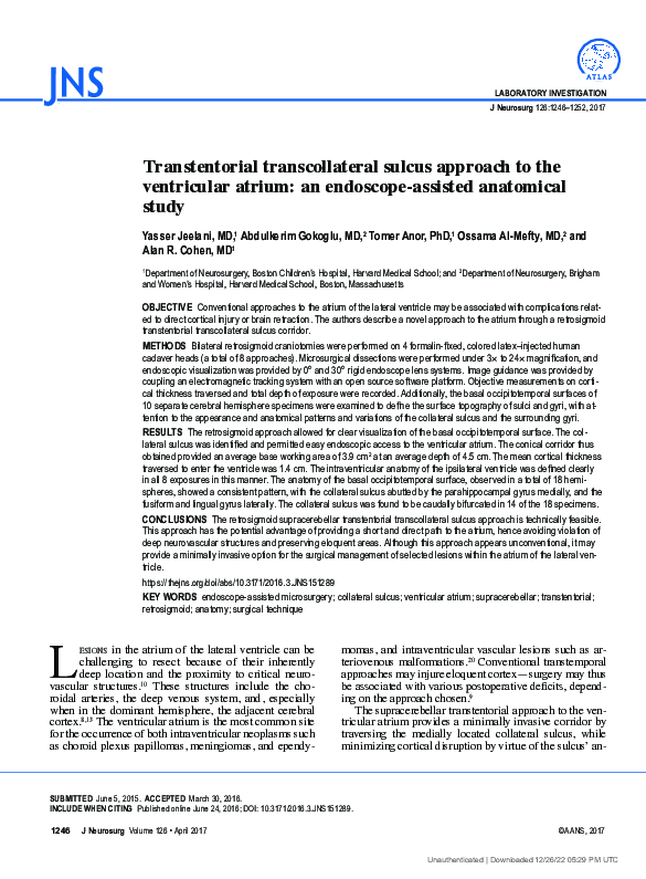 (PDF) Transtentorial transcollateral sulcus approach to the ventricular ...