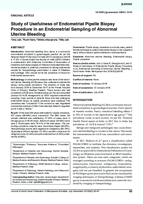 (PDF) Study of Usefulness of Endometrial Pipelle Biopsy Procedure in an ...