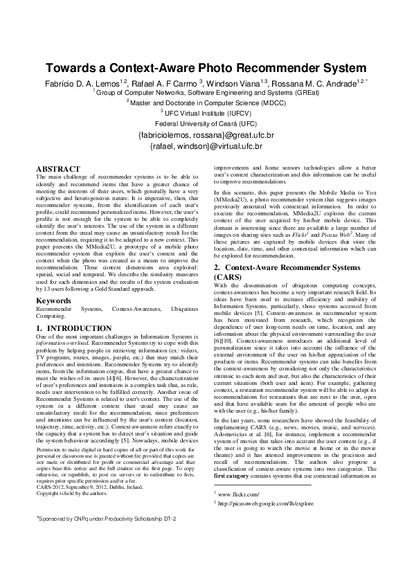 (PDF) Towards a Context-Aware Photo Recommender System