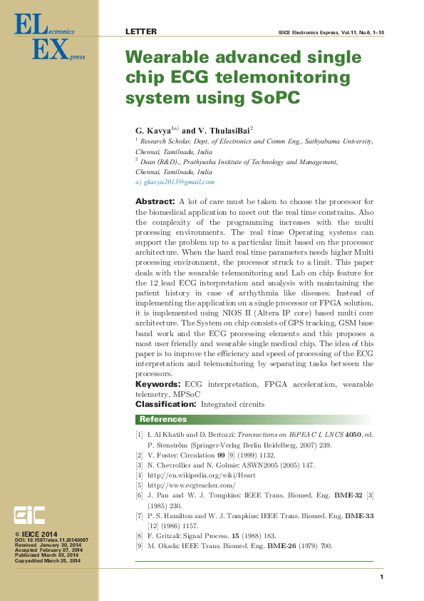 (PDF) Wearable advanced single chip ECG telemonitoring system using SoPC