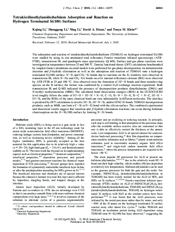 (PDF) Tetrakis(dimethylamido)hafnium Adsorption and Reaction on ...