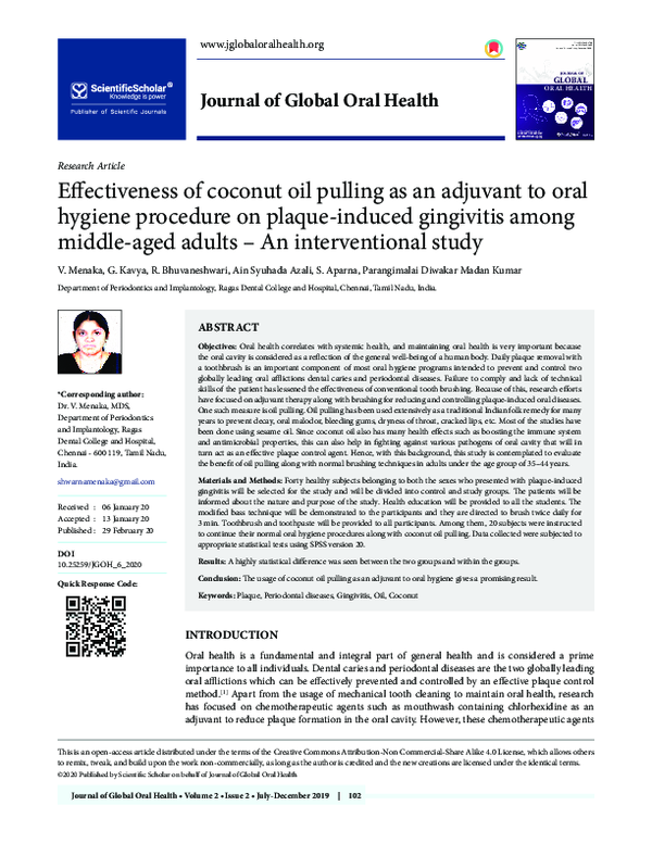 (PDF) Effectiveness of coconut oil pulling as an adjuvant to oral ...
