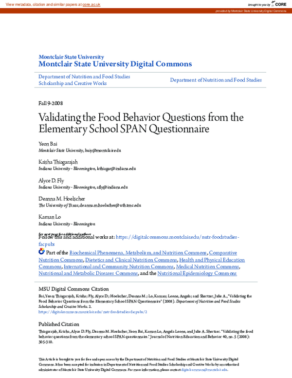 (PDF) Validating the Food Behavior Questions from the Elementary School ...