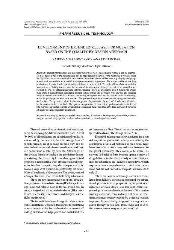 (PDF) Development of extended-release formulation based on the quality by design approach