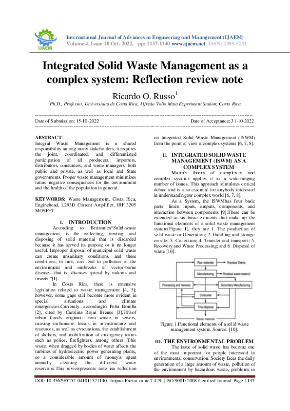 (PDF) Integrated Solid Waste Management as a complex system: Reflection ...