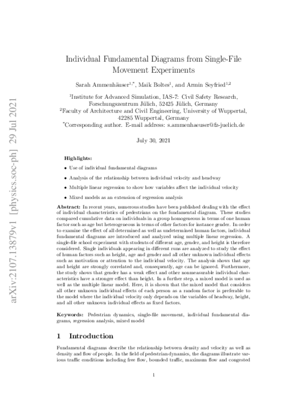 (PDF) Individual Fundamental Diagrams from Single-File Movement Experiments