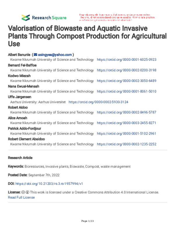 (PDF) Valorisation of Biowaste and Aquatic Invasive Plants Through ...