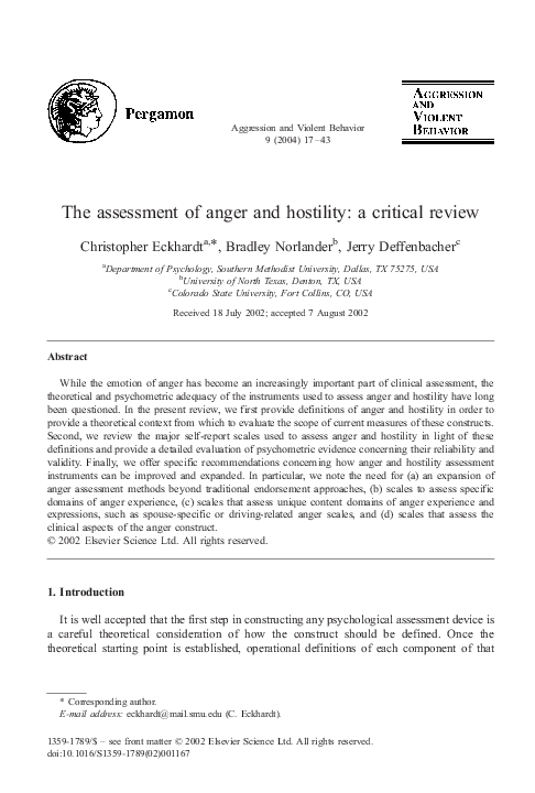 (PDF) The assessment of anger and hostility: a critical review