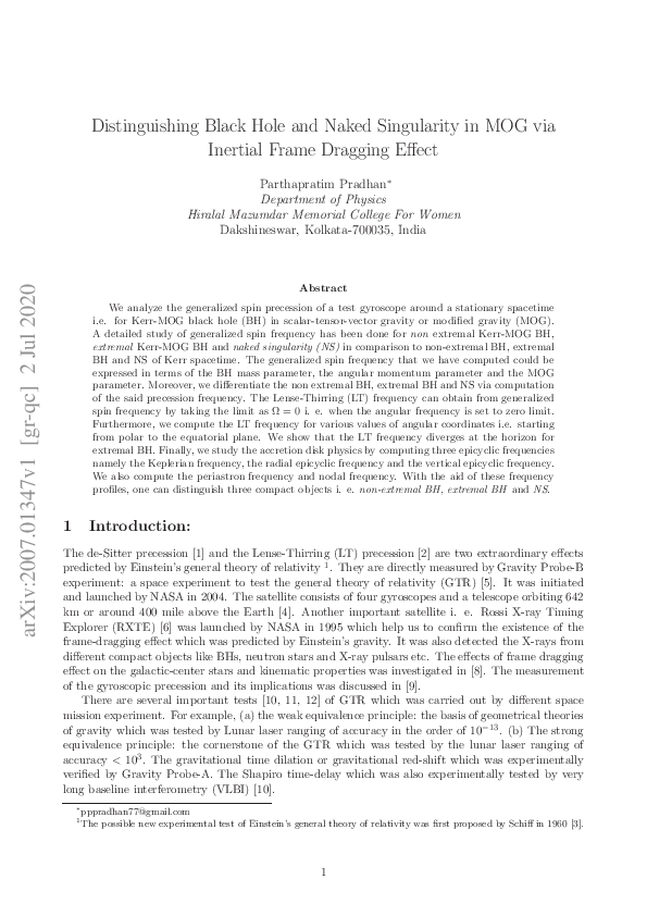 (PDF) Distinguishing Black Hole and Naked Singularity in MOG via Inertial Frame Dragging Effect ...