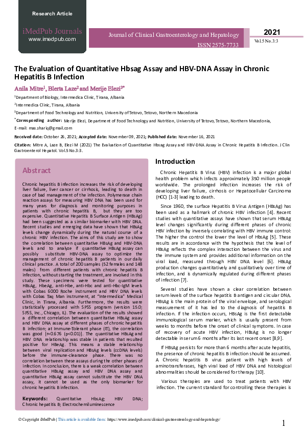 (PDF) The Evaluation of Quantitative Hbsag Assay and HBV-DNA Assay in ...