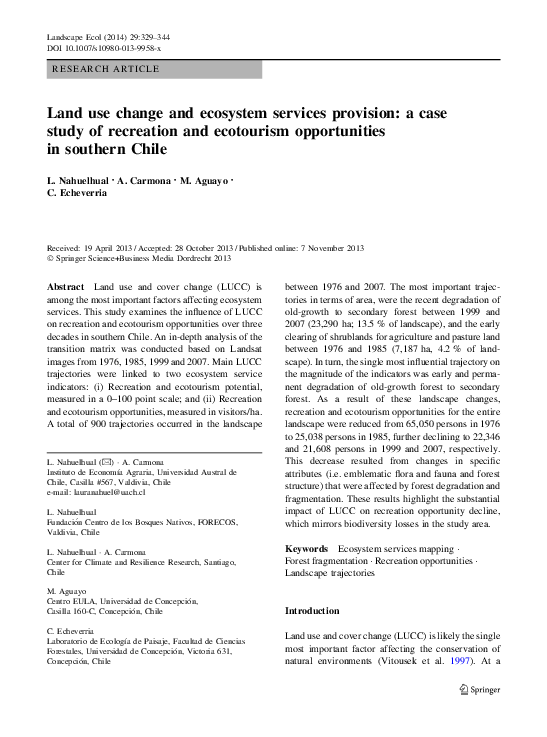 (PDF) Land use change and ecosystem services provision: a case study of recreation and ...