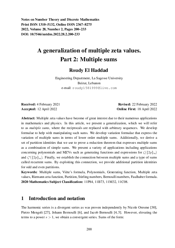 Pdf A Generalization Of Multiple Zeta Values Part 2 Multiple Sums Roudy Al Haddad