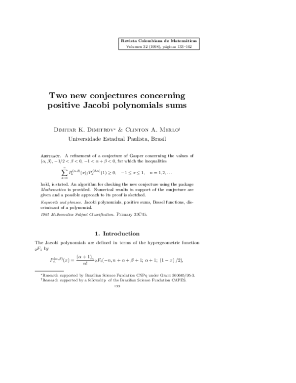 (PDF) Two new conjectures concerning positive Jacobi polynomials sums ... (PDF) Two new conjectures concerning positive Jacobi polynomials sums ...