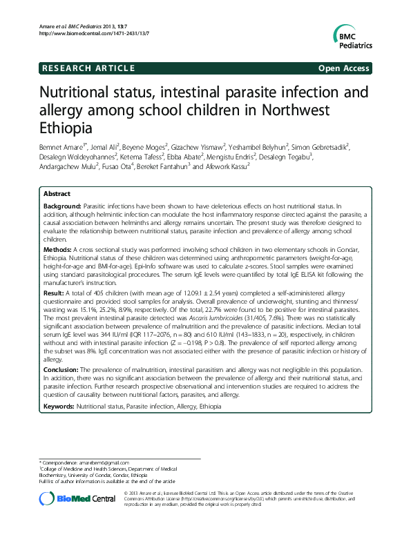 (PDF) Nutritional status, intestinal parasite infection and allergy ...