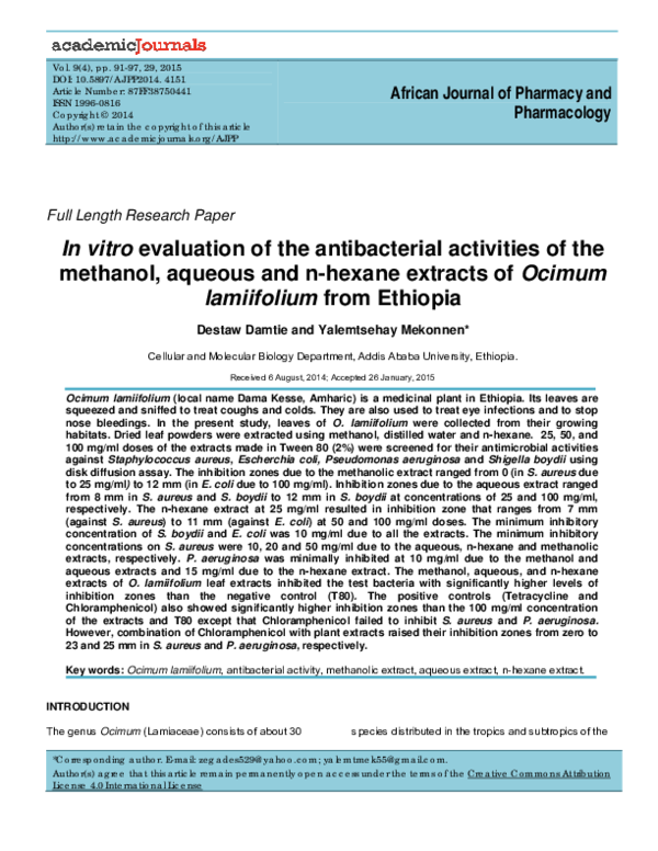 (PDF) Antibacterial Activity of Ocimum lamiifolium Extracts