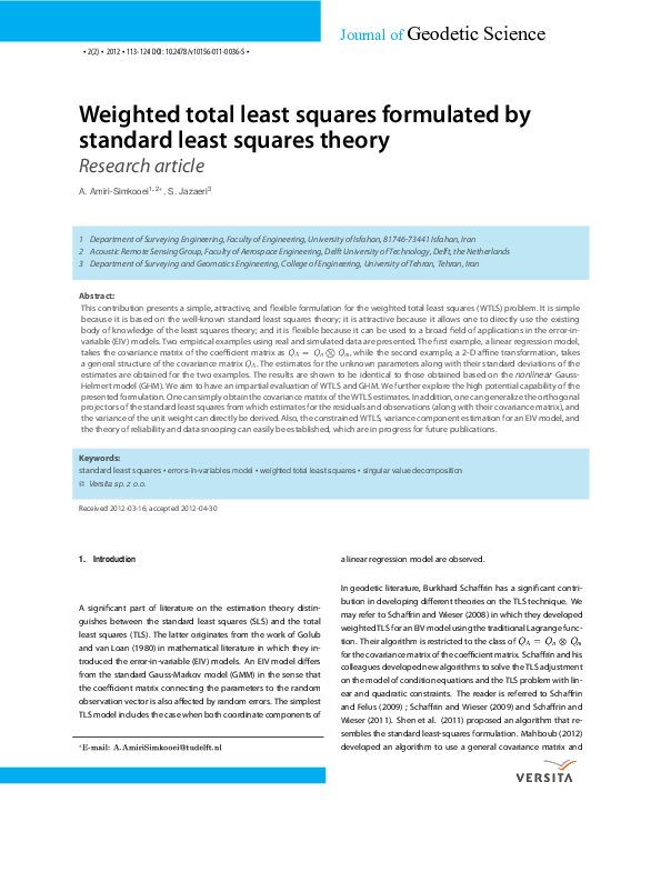 Pdf Weighted Total Least Squares Formulated By Standard Least Squares Theory